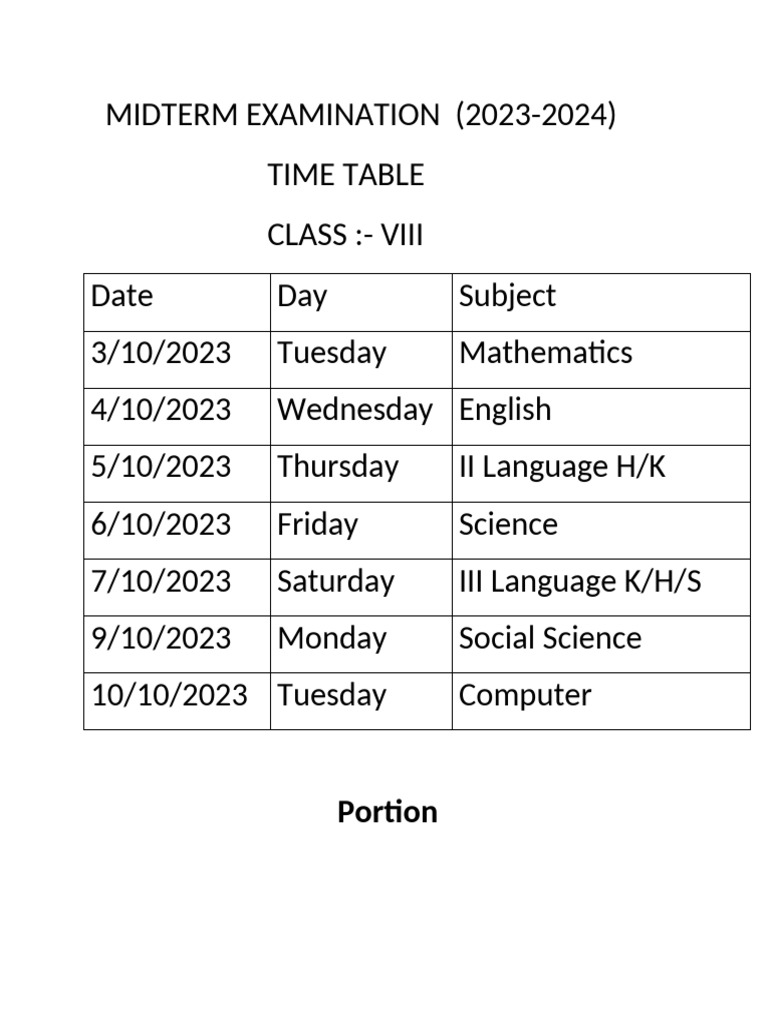 Midterm Time Table & Portion VIII New | PDF
