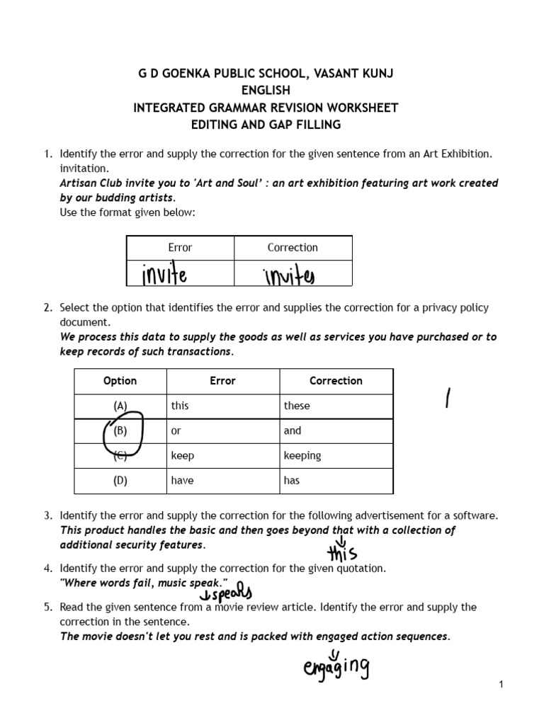 Integrated Grammar Worksheet | PDF