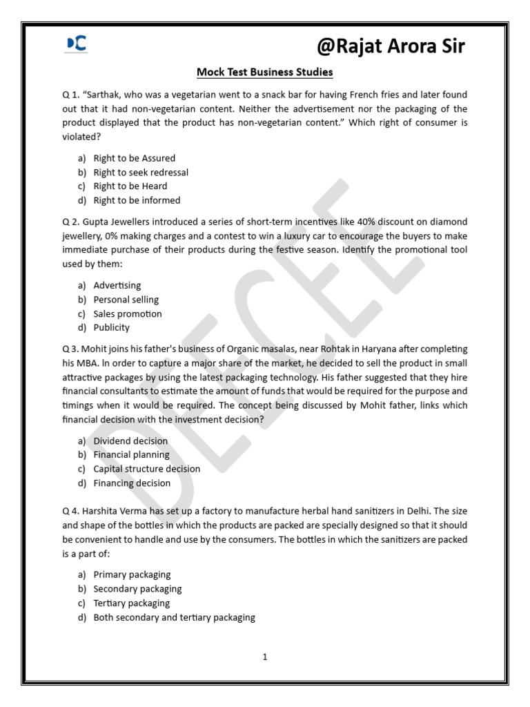 Business Studies Mock Test Questions | PDF | Dividend | Marketing