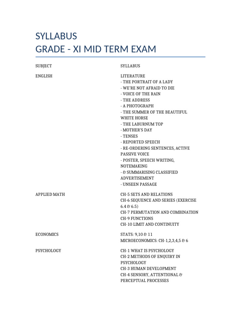 Grade XI Mid Term Syllabus | PDF