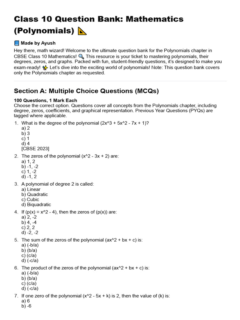 Question Bank For Polynomials | PDF | Polynomial | Zero Of A Function