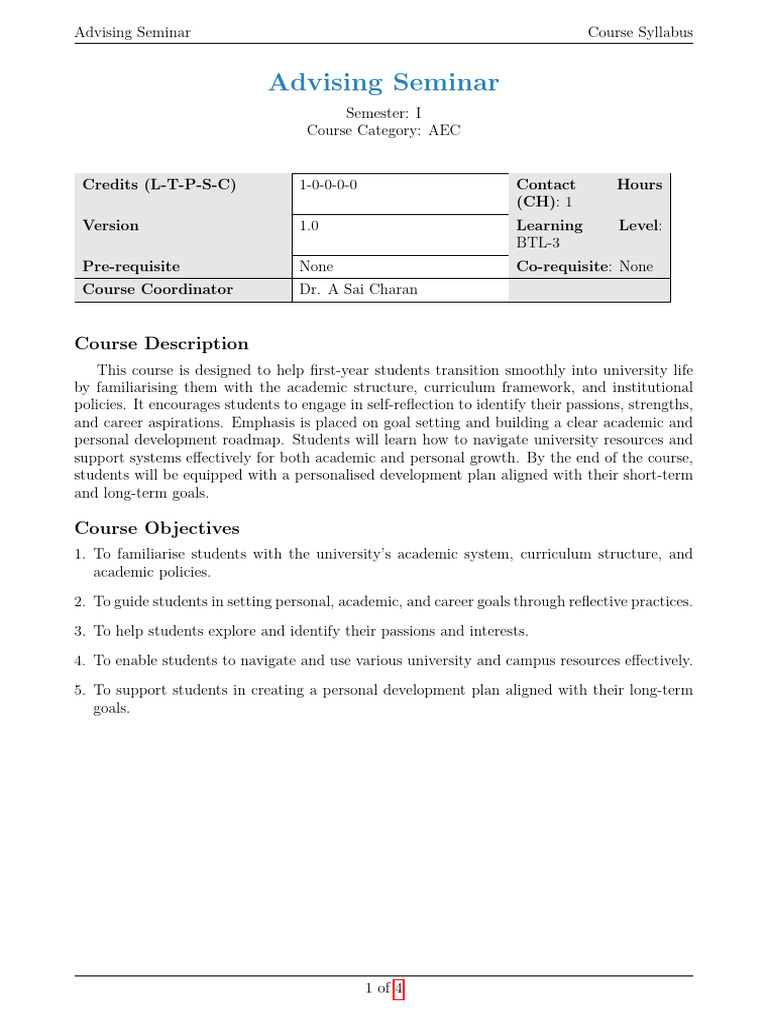 Advising Seminar - Syllabus and Session Plan | PDF | Personal ...