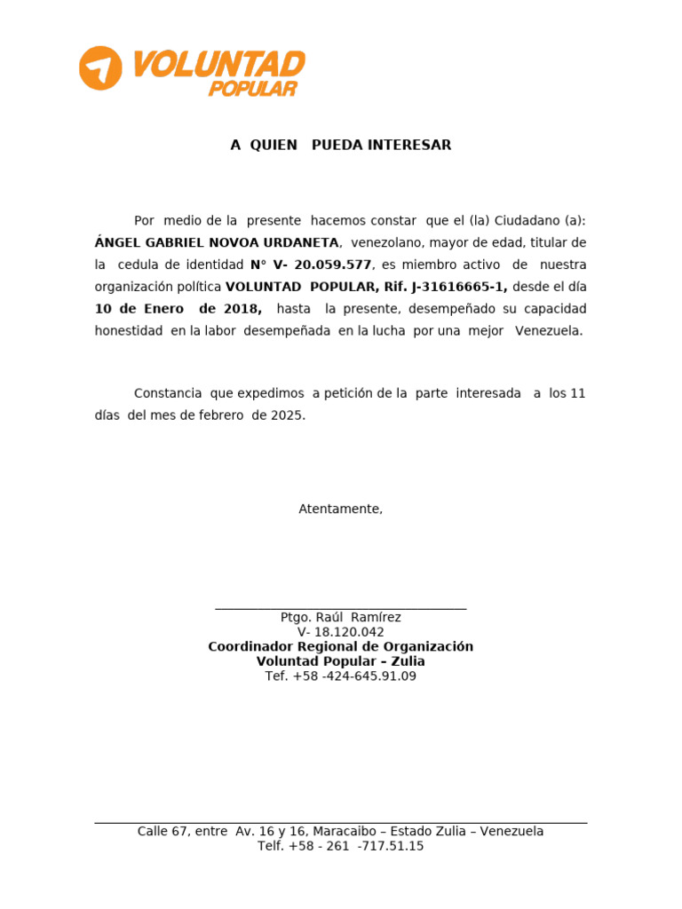 A Quien Pueda Interesar Voluntad Popular | PDF