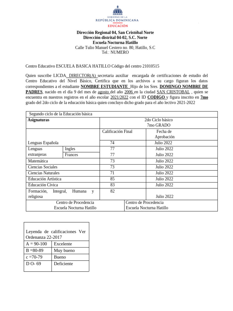 Certificación de Notas 7mo Grado | PDF