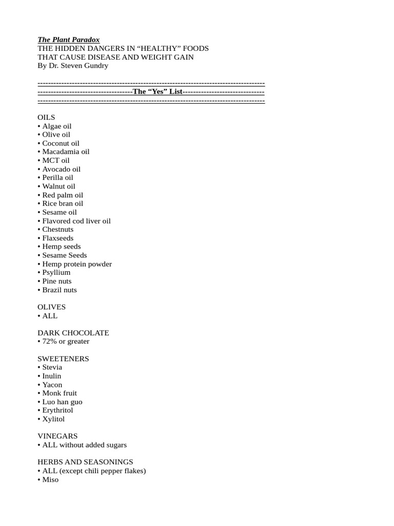 Plant Paradox Yes/No Food Lists | PDF | Cereals | Foods