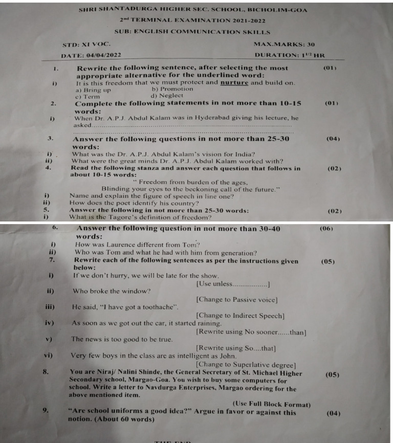 Voc English Paper. XI | PDF