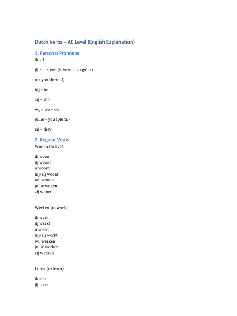 Dutch Verbs A0 English | PDF