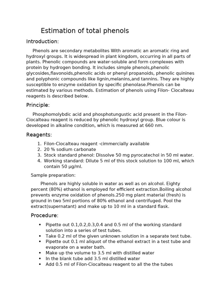 Total Phenols Estimation Method | PDF