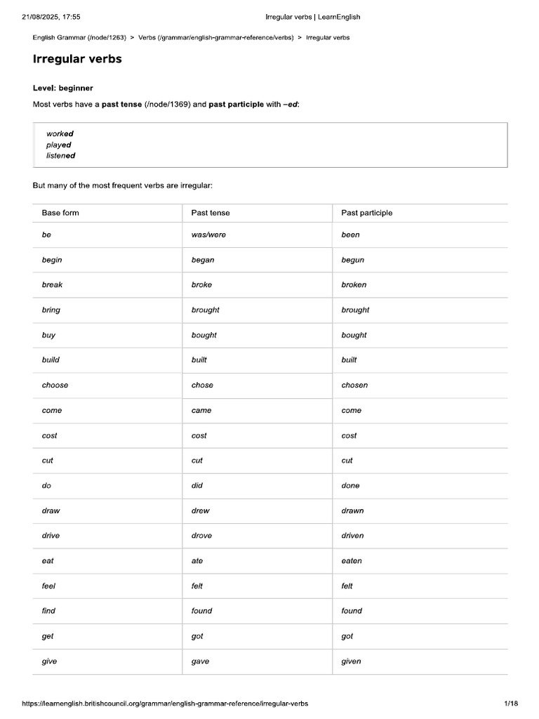 Irregular Verbs Chart PDF | PDF