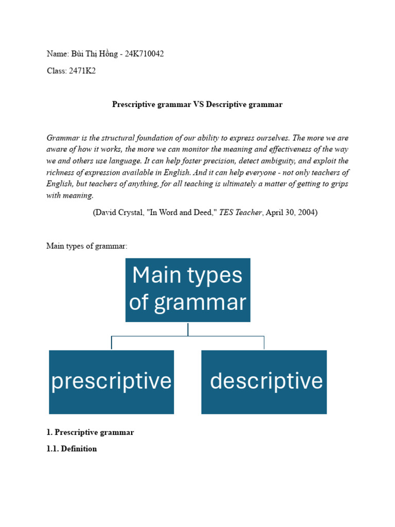 1 - Bùi Thị Hồng - Prescriptive Grammar vs Descriptive Grammar | PDF ...
