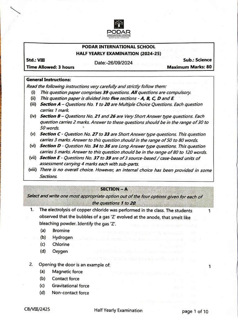 Science Last Year Paper | PDF