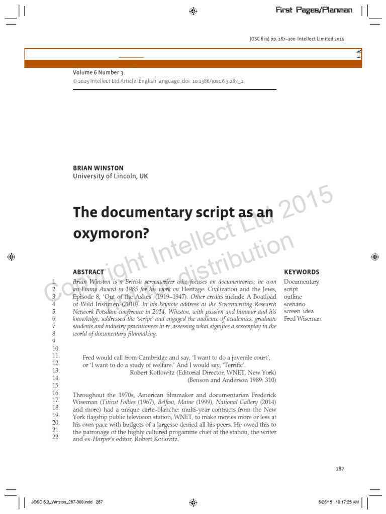 Brian Winston. Documentary Script As Oxymoron | PDF | Documentary Film