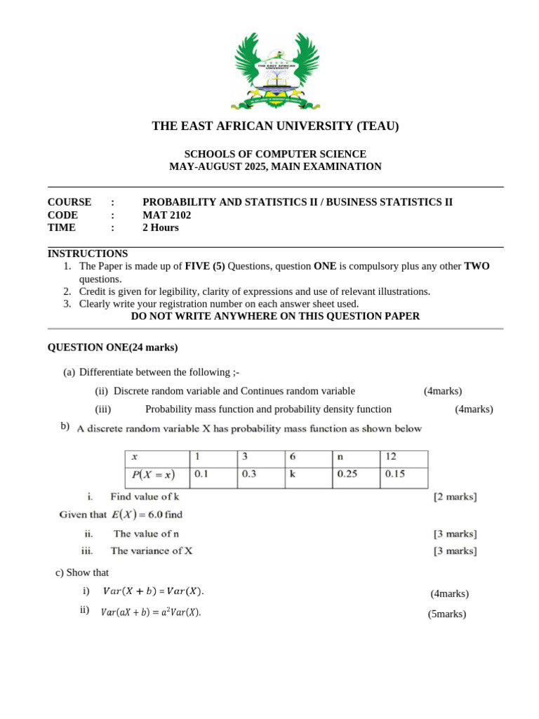 Probability and Statistics II Question Paper | PDF | Probability Distribution | Probability Theory