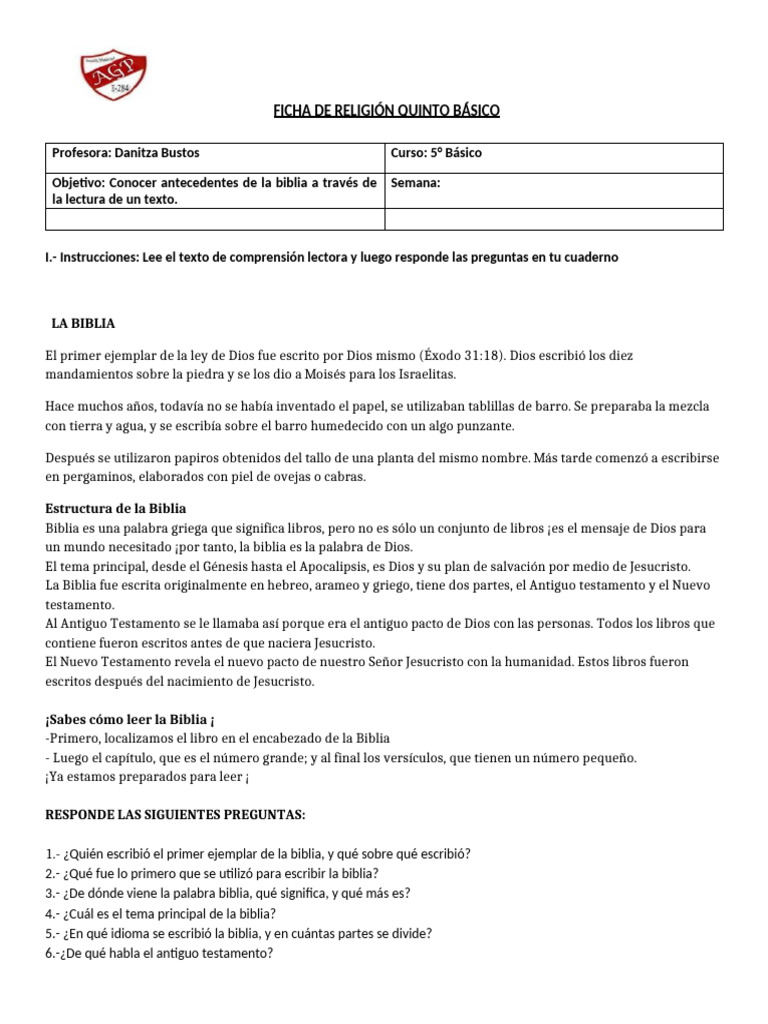 Ficha de Religión: La Biblia para 5° Básico | PDF | Biblia | Salmos