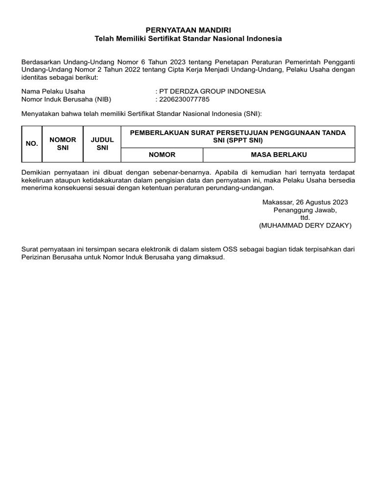 Sertifikat SNI PT Derza Group Indonesia | PDF