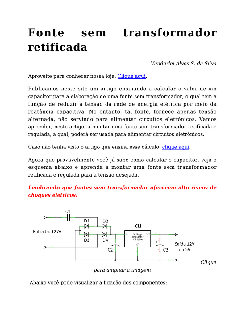 Montagem de Fonte Sem Transformador | PDF | Rede elétrica | Capacitor