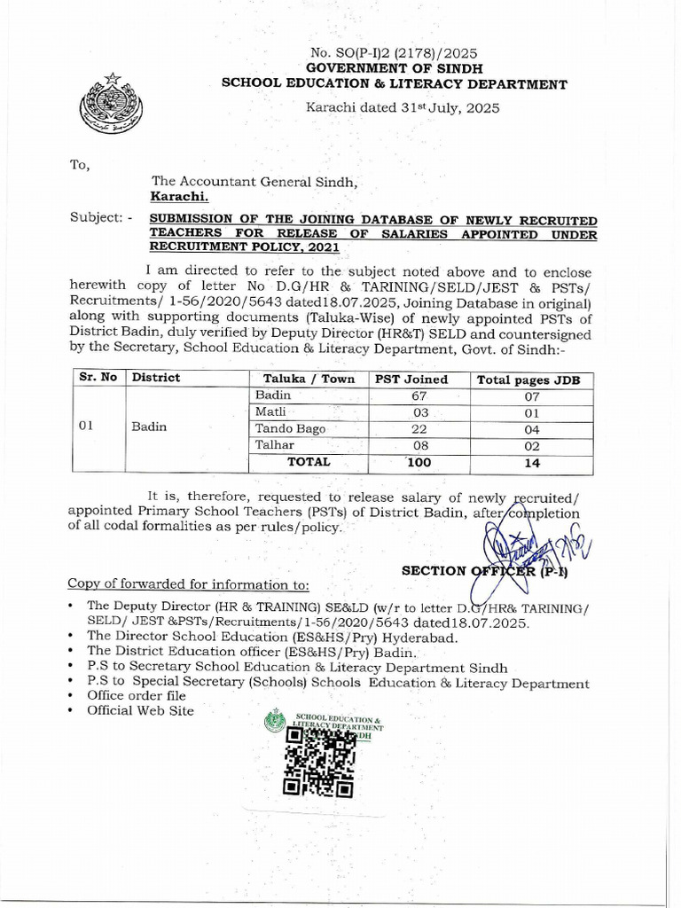 Joining Database for Newly Recruited PSTs | PDF