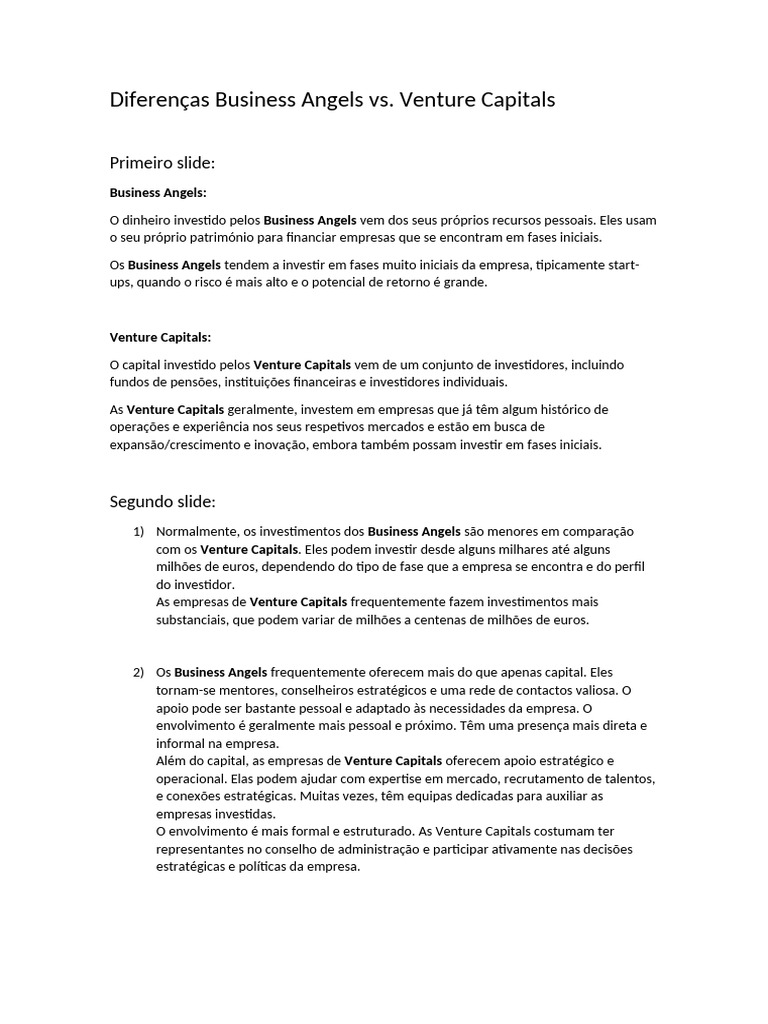 Business Angels vs. Venture Capitals: Diferenças | PDF | Investimentos ...