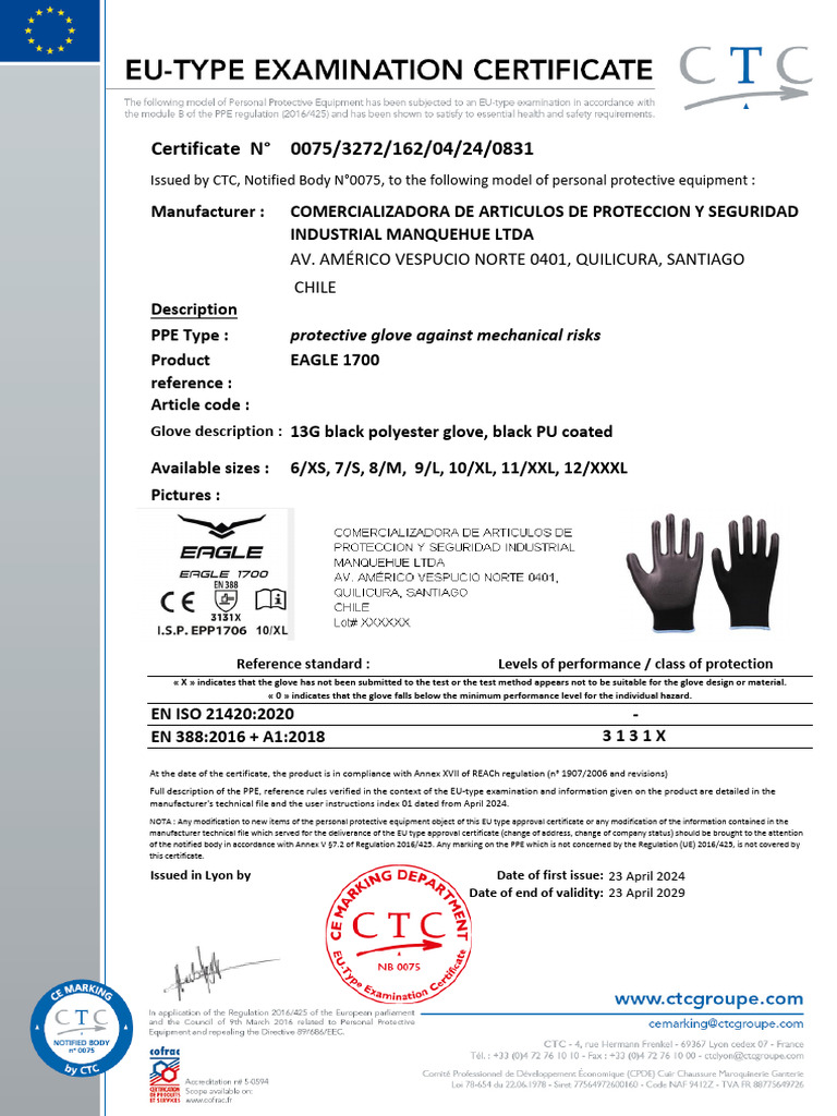 EAGLE 1700 Mechanical Risk Gloves Certificate | PDF | Personal ...