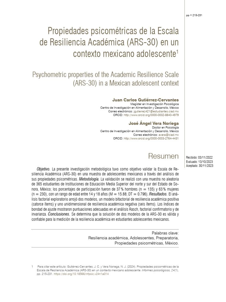 Propiedades Psicometricas de La Escala de Resiliencia | PDF | Alfa de Cronbach | Resiliencia ...