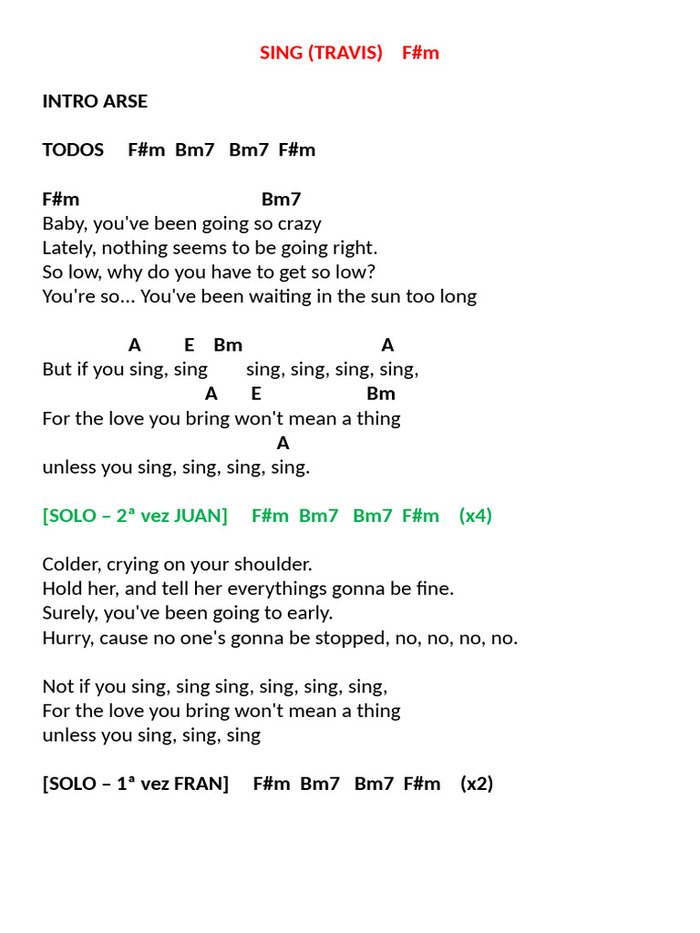 Sing Chords for "Sing" by Travis | PDF