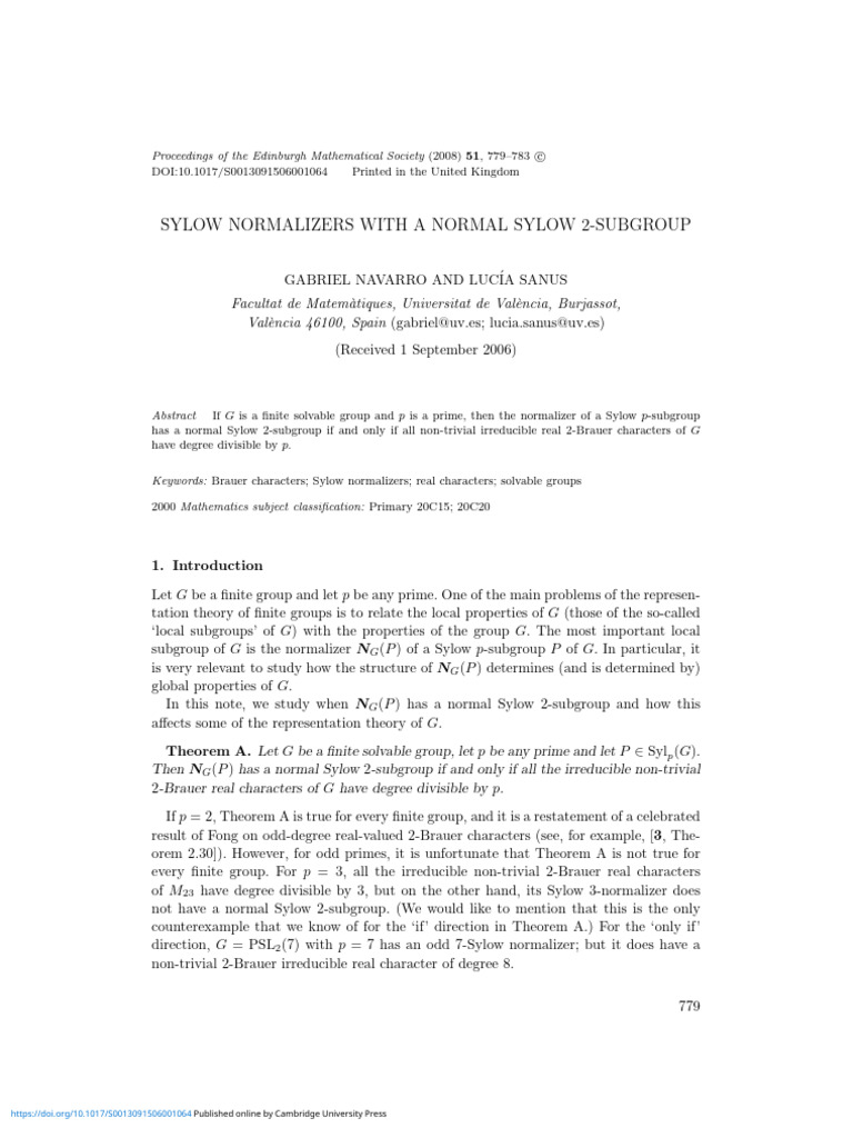 Div Class Title Sylow Normalizers With A Normal Sylow 2 Subgroup Div | PDF | Prime Number ...