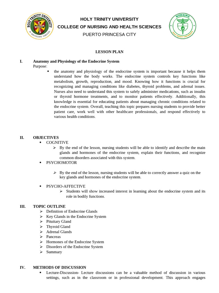 LESSON PLAN Health Assessment Paul | PDF | Endocrine System | Hormone