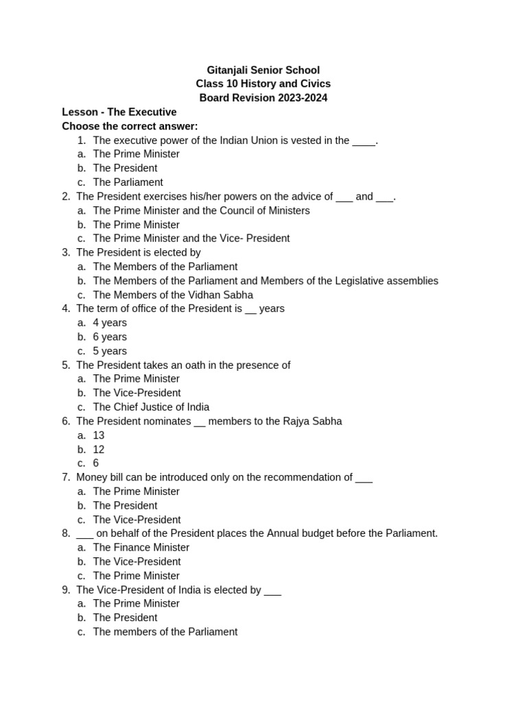 Class 10 D Board Revision - 2023-2024 The Executive | PDF | Presidents ...