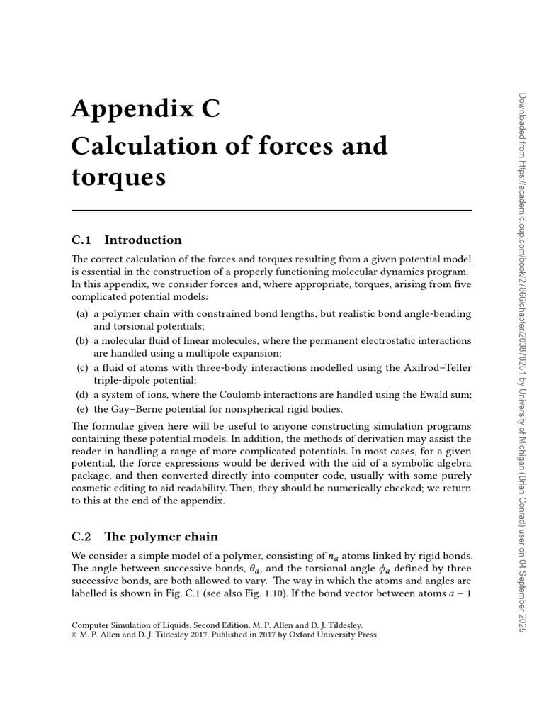 Appendix C Calculation of Forces and Torques | PDF | Chemical Bond | Force
