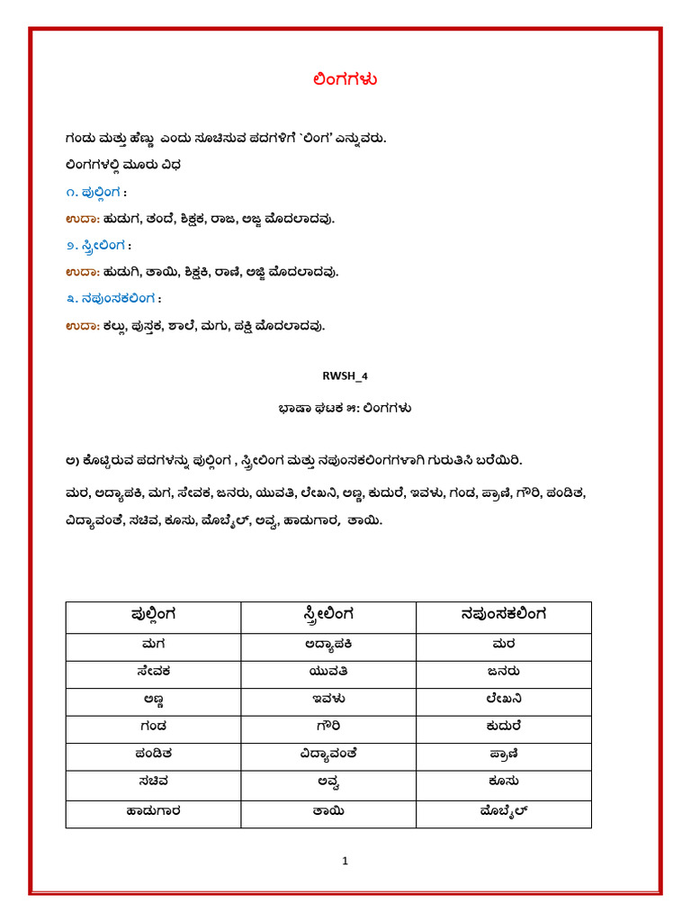 GR 6 T1 Lang U4 Lingagalu & Vachanagalu | PDF