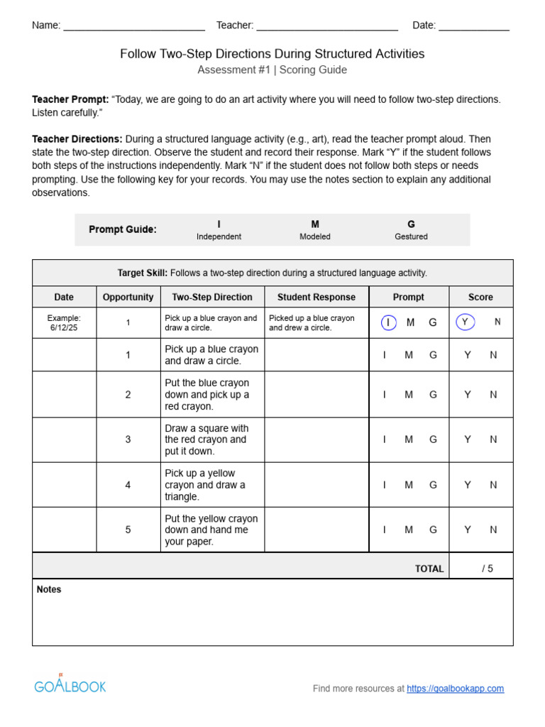 Two-Step Directions Assessment Guide | PDF | Learning | Human Communication
