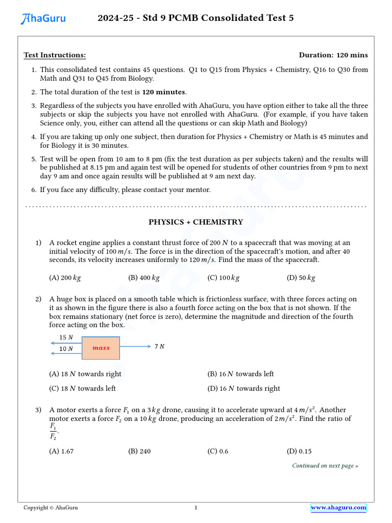 2024-25 - STD 9 PCMB Consolidated Test 5: Test Instructions: Duration ...