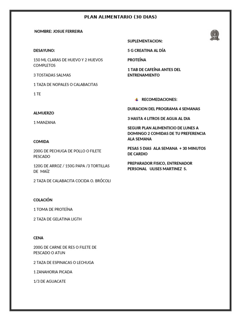 Plan Alimentario Josué Ferreira Julio 25 | PDF