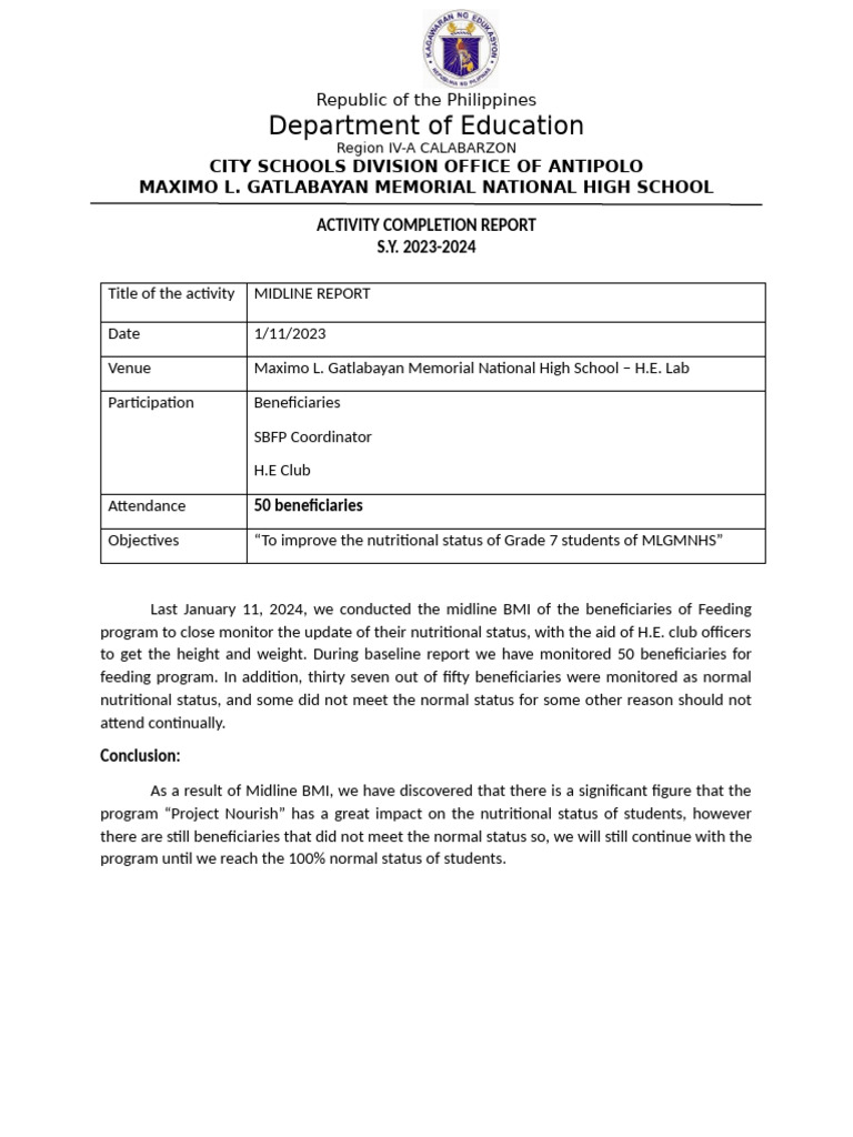 Midline Report on Student Nutrition Status | PDF | Nutrition | Diet ...