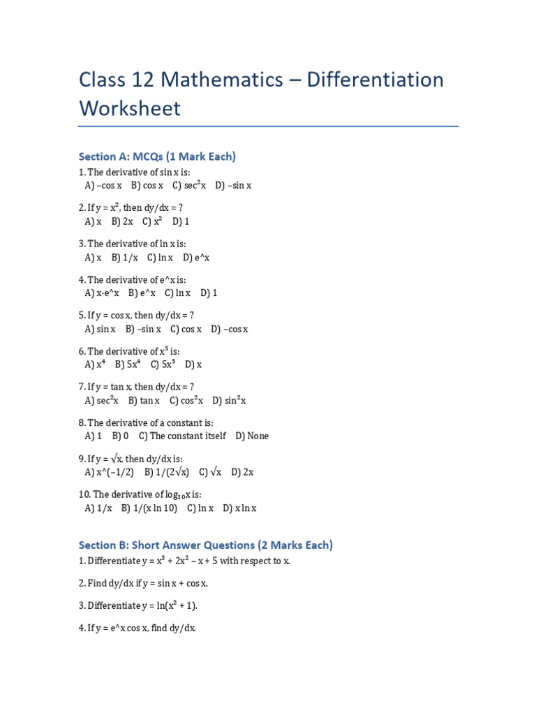 Class 12 Math Differentiation Worksheet | PDF