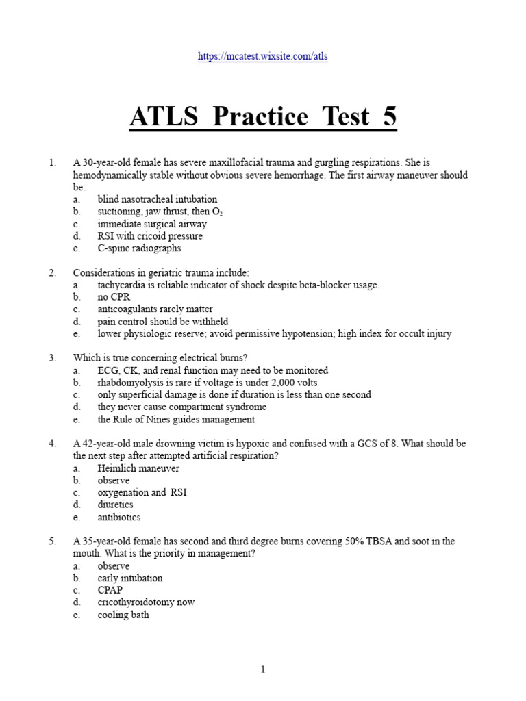 ATLS Practice Test Questions | PDF | Major Trauma | Shock (Circulatory)