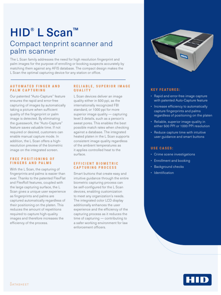 HID L Scan: High-Resolution Biometrics | PDF | Image Scanner | Fingerprint