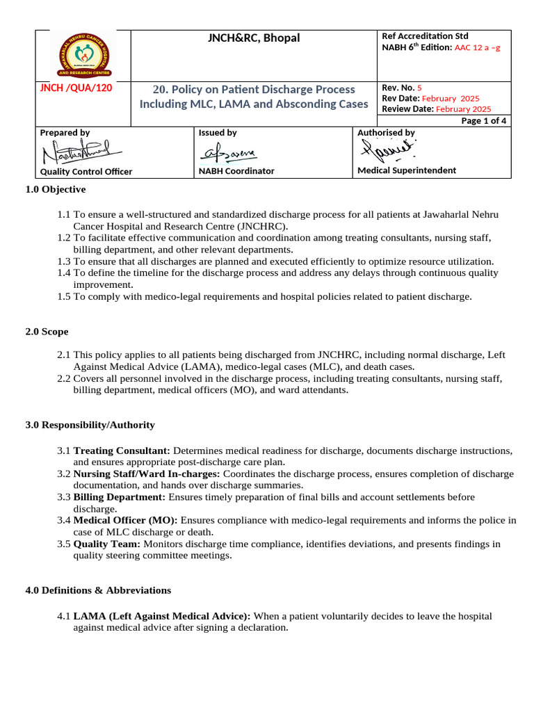 20. Policy on Patient Discharge Process Including MLC, LAMA and Absconding Cases 2025 | PDF ...