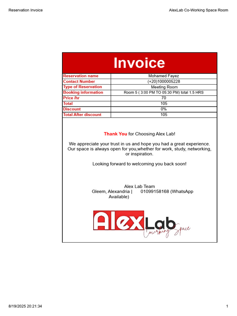 Reservation Invoice - AlexLab Co-Working Space Room-1 | PDF