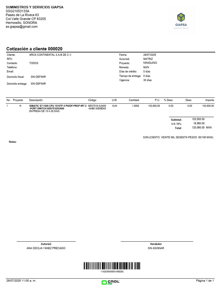 Cotización A Cliente 000020 | PDF