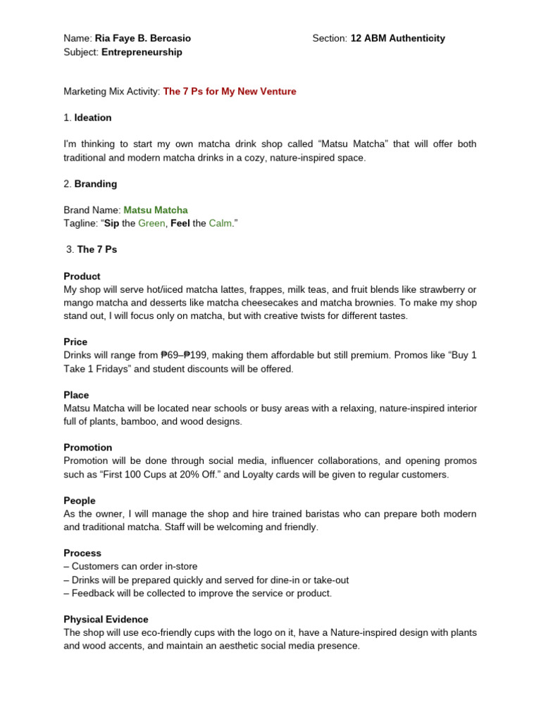 Marketing Mix Activity - The 7 Ps For My New Venture | PDF