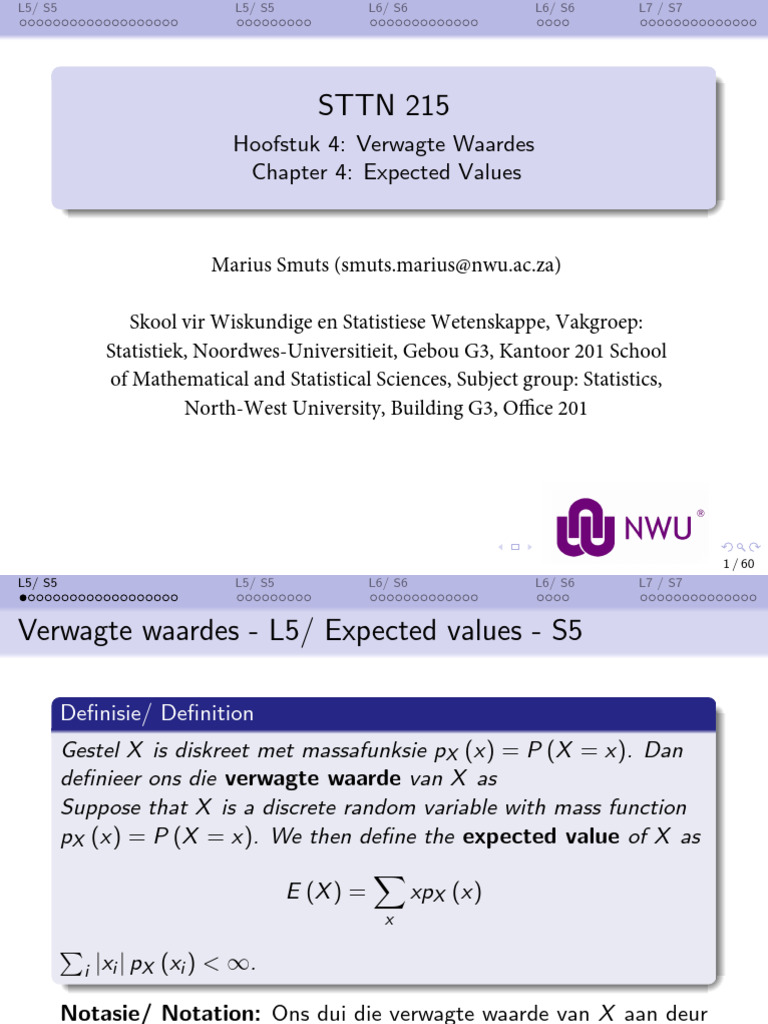 STTN215 Chapter4 Expected Values | PDF | Variance | Probability ...