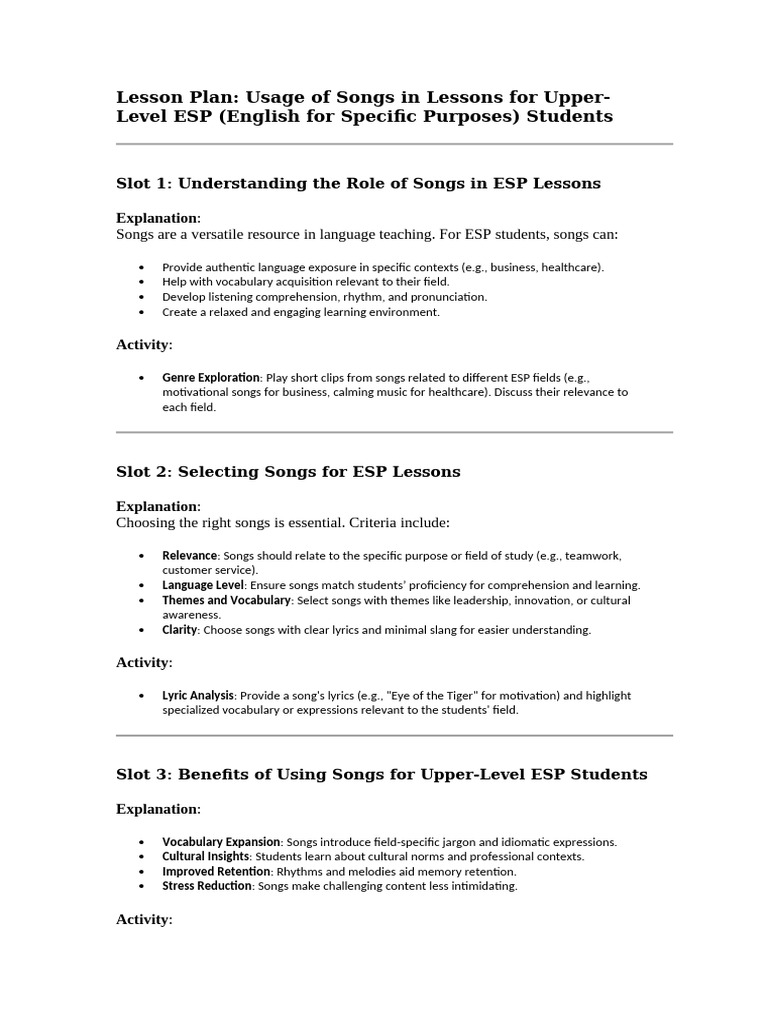 Usage of Songs at The Lessons | PDF | Vocabulary | Learning