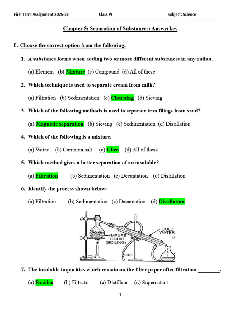 Class VI Science Separation Methods Quiz | PDF | Filtration | Distillation
