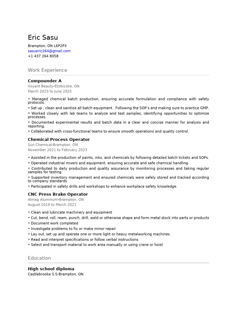 Chemical Compounder Resume: Eric Sasu | PDF