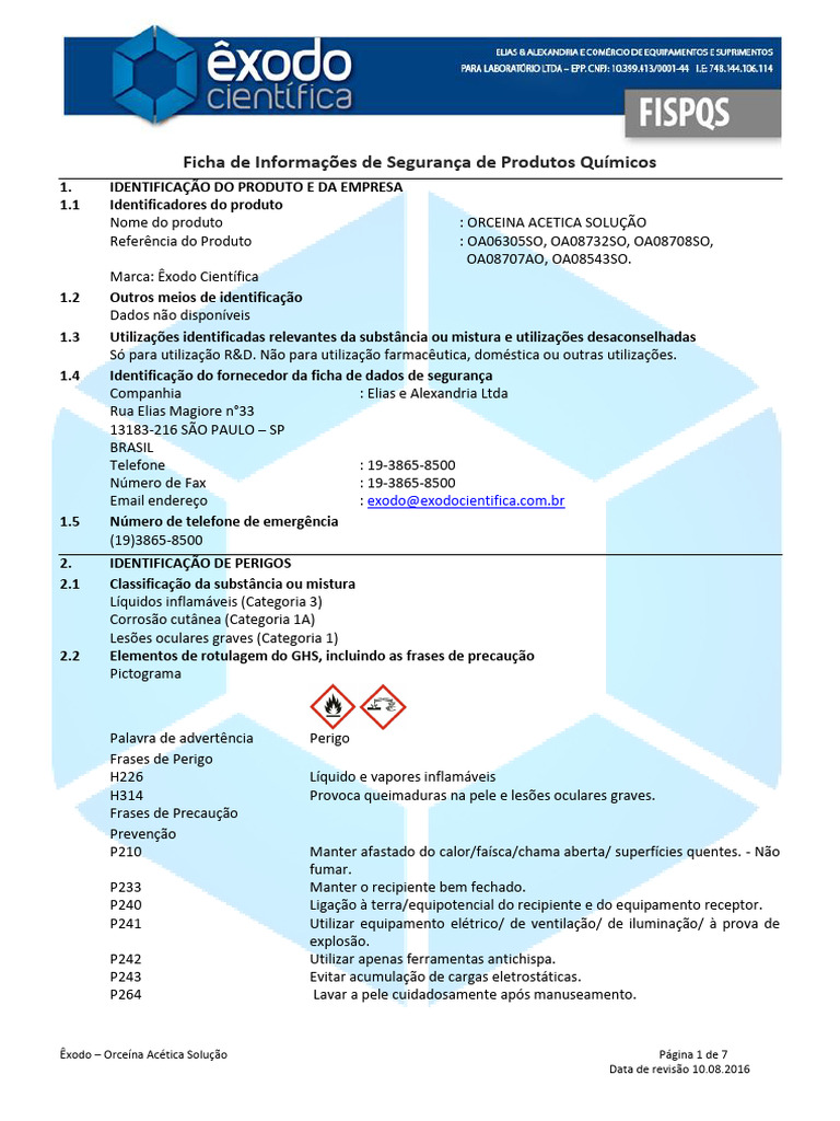 Ficha de Segurança: Orceína Acética Solução | PDF
