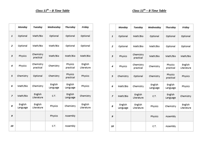 Class 11th - B Time Table | PDF