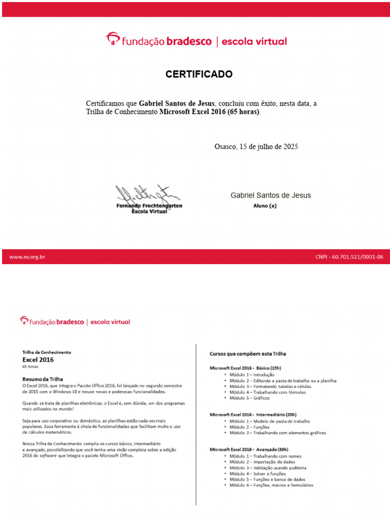 Certificado - Microsoft Excel 2016 (65 Horas) | PDF