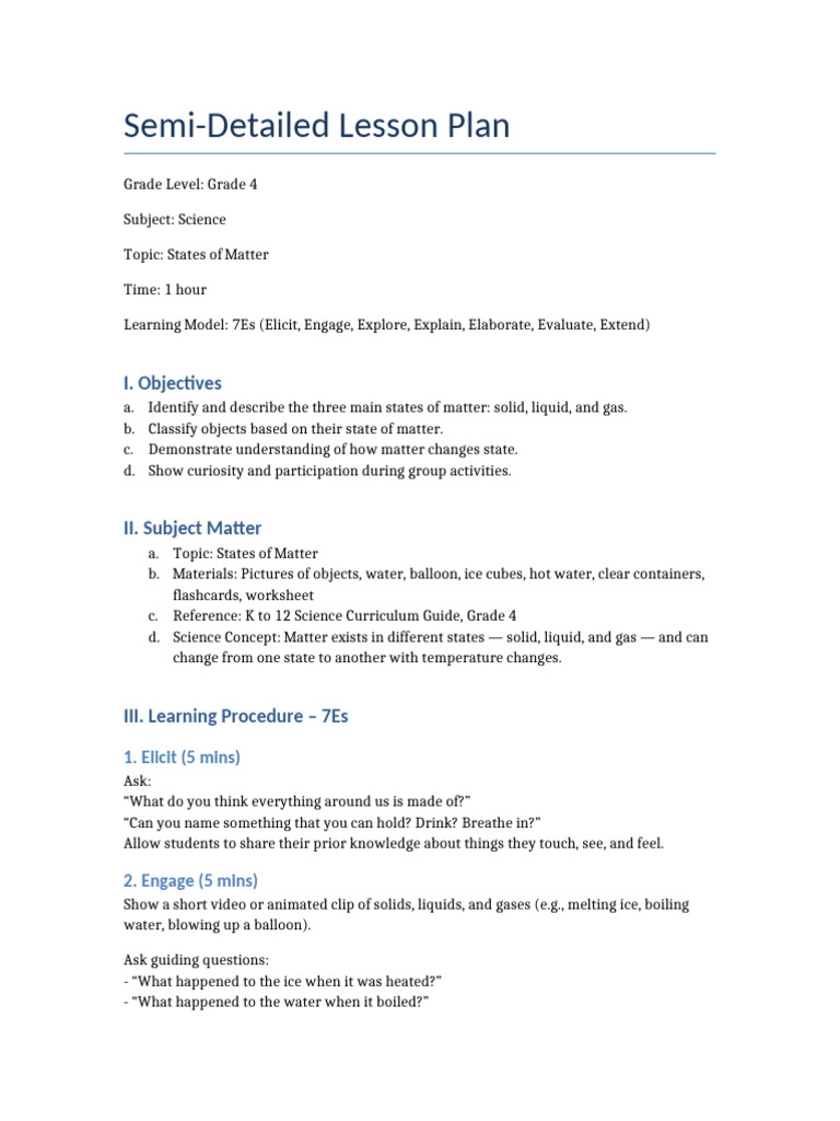 Grade 4 States of Matter Lesson Plan | PDF | Liquids | Water