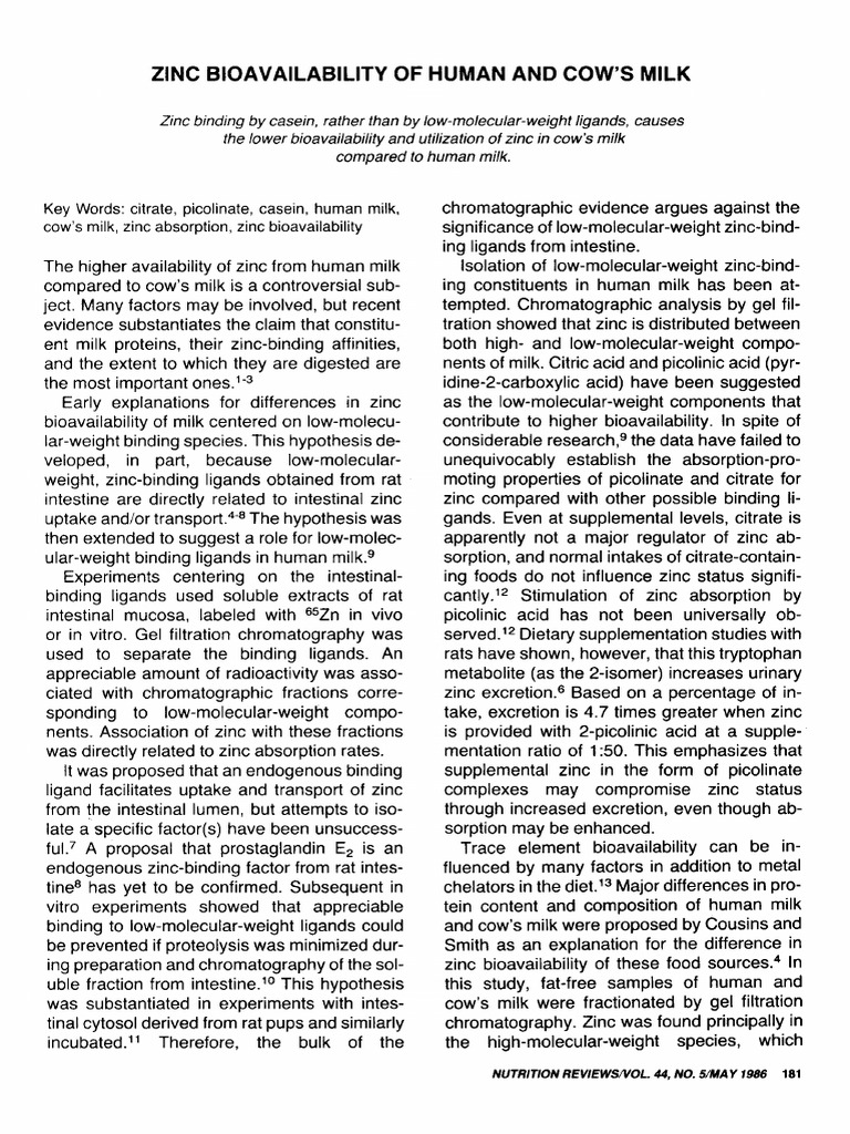 Zinc Bioavailability of Human and Cows Milk 2009 | PDF | Zinc | Milk